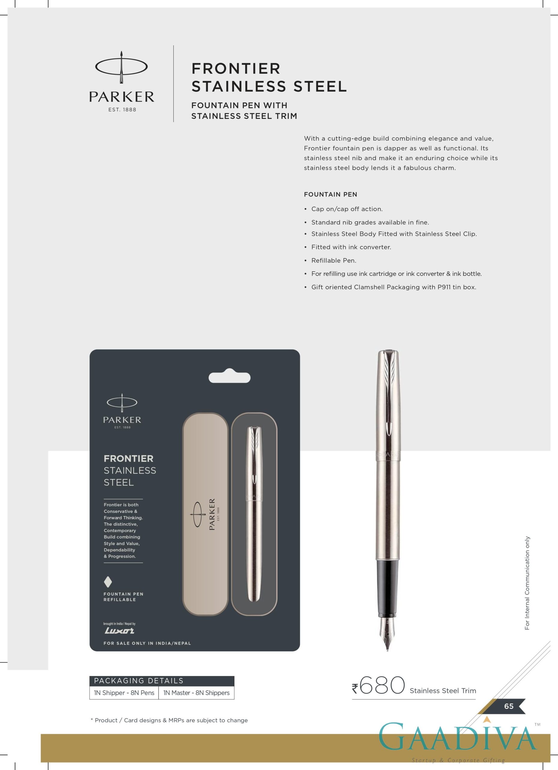 PARKER - FOUNTAIN PEN WITH STAINLESS STEEL TRIM - Gaadiva